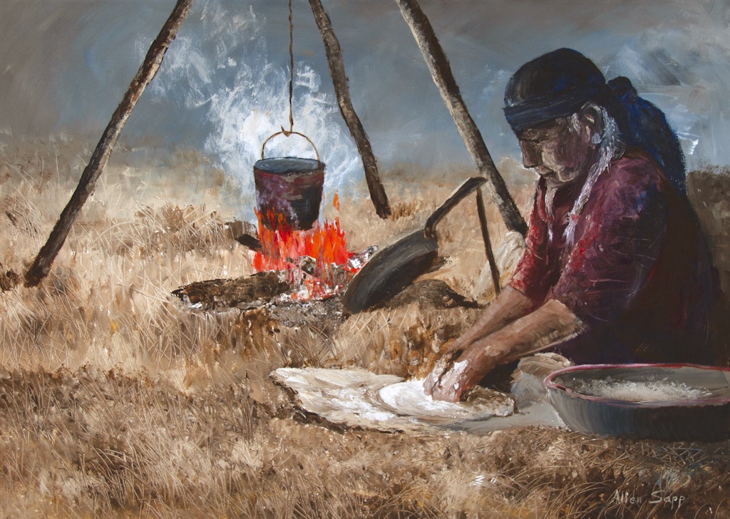 Making Bannock Outside by Allen Sapp | Mayberry Fine Art